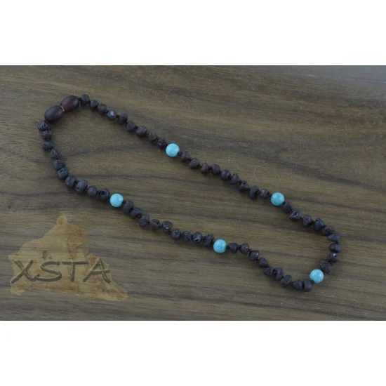 Teething amber necklace with turquoise - A102